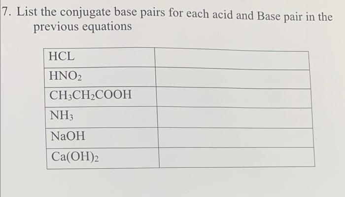 Solved 7. List the conjugate base pairs for each acid and | Chegg.com