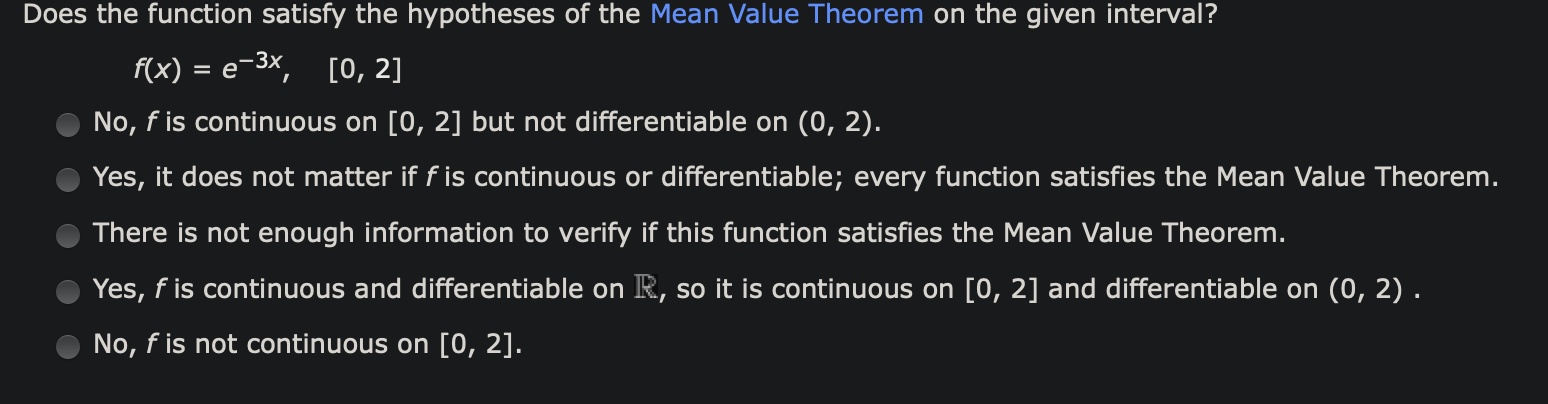 Solved Does the function satisfy the hypotheses of the Mean | Chegg.com