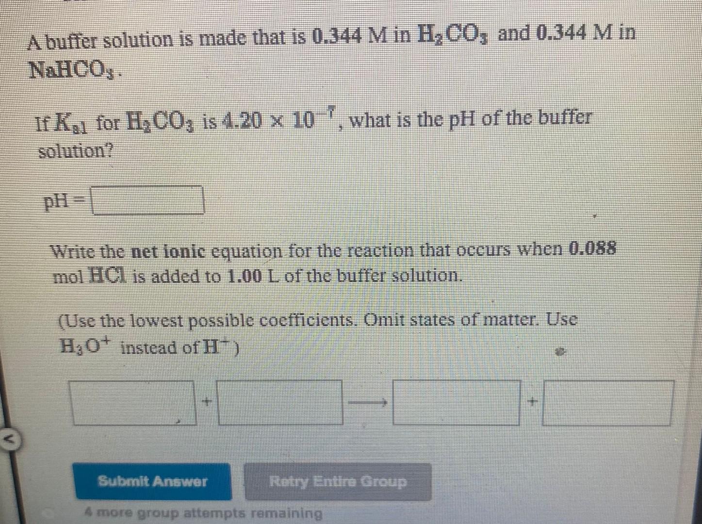 Solved A buffer solution is made that is 0.344 M in H2CO3 | Chegg.com