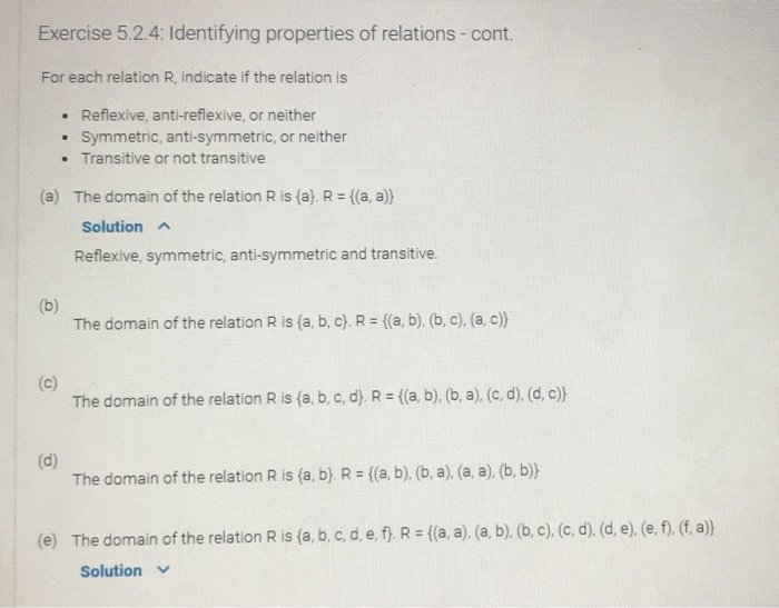Solved Exercise 5.2.4: Identifying properties of relations - | Chegg.com