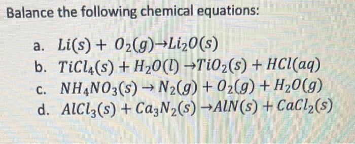 Solved Balance the following chemical equations: a. | Chegg.com