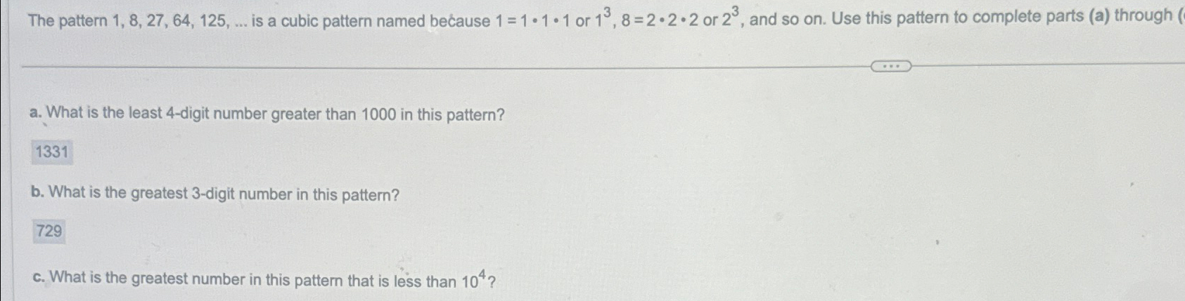 Solved The pattern 1,8,27,64,125,dots is a cubic pattern | Chegg.com