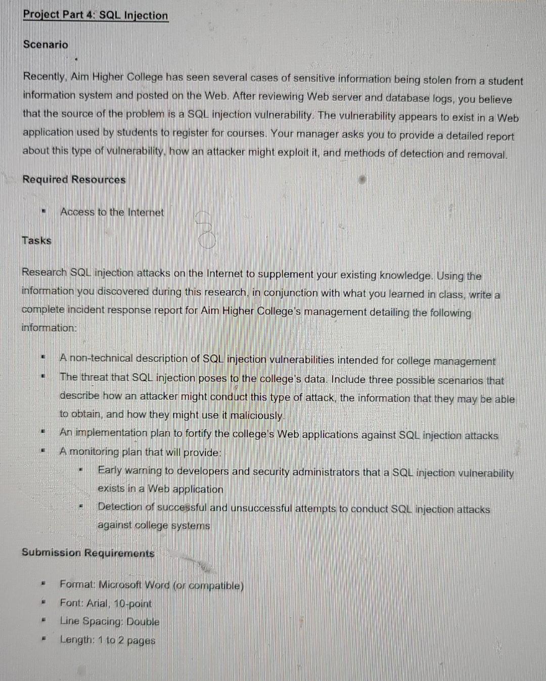 Solved Project Part 45 SQL Injection Scenario Recently, Aim | Chegg.com