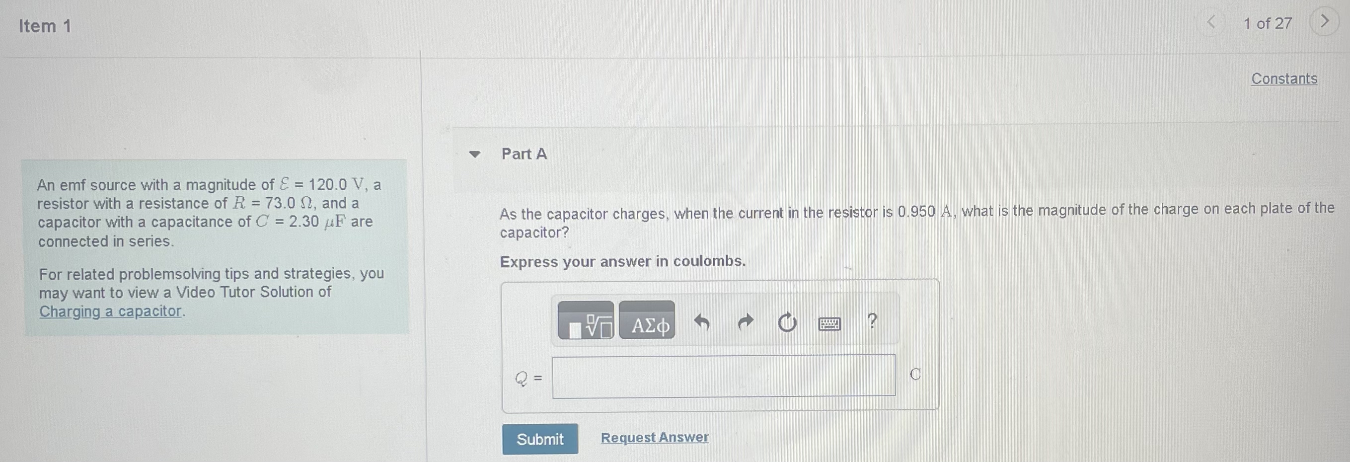 Solved Item 11 ﻿of 27ConstantsAn emf source with a magnitude | Chegg.com