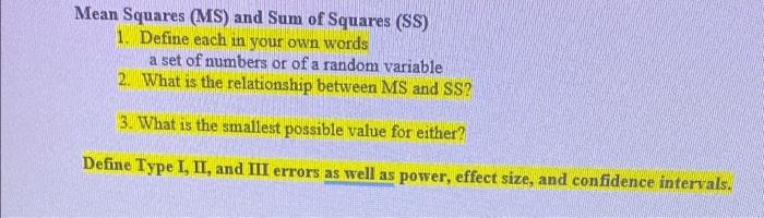 Solved Mean Squares (MS) and Sum of Squares (SS) 1. Define | Chegg.com