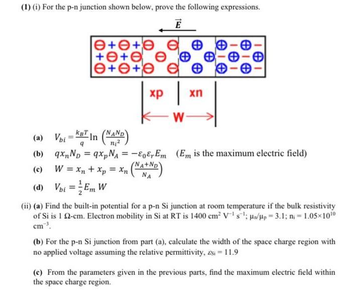 Solved (1) (i) For the p-n junction shown below, prove the | Chegg.com