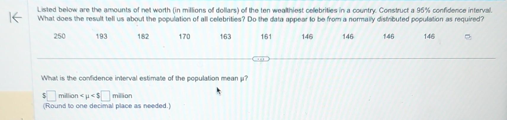 Solved Listed below are the amounts of net worth (in | Chegg.com