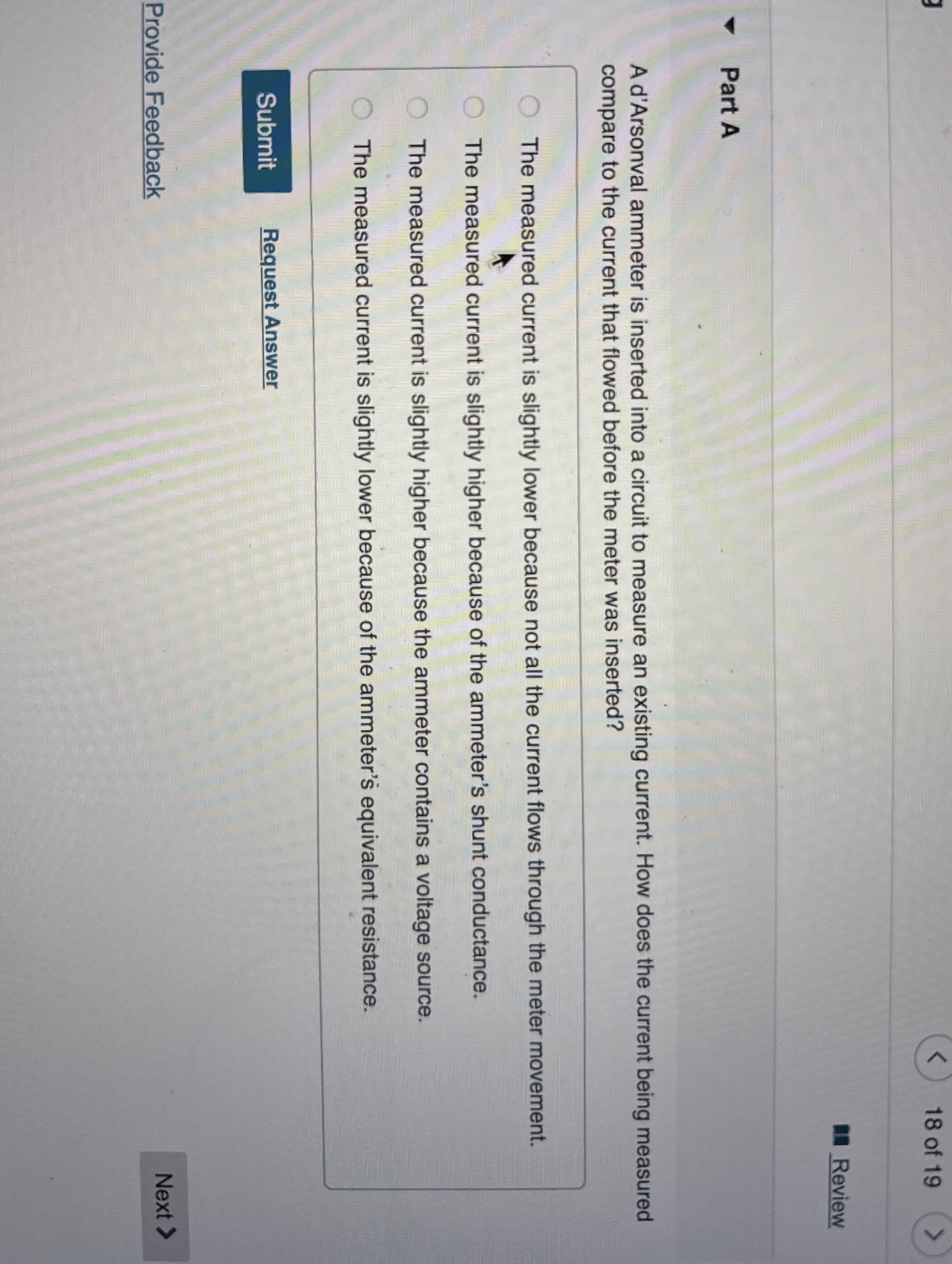 Solved 18 ﻿of 19ReviewPart AA d'Arsonval ammeter is inserted | Chegg.com