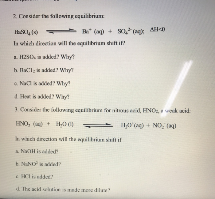 Solved 2. Consider the following equilibrium: BaSO4(s) Bat | Chegg.com