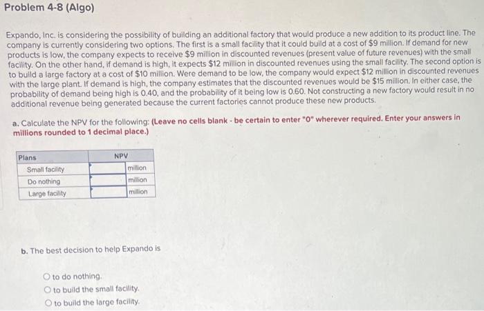 Solved Problem 4-8 (Algo) Expando, Inc. is considering the | Chegg.com