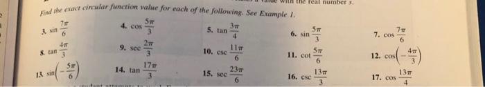 Solved Find the exact circular function value for each of | Chegg.com