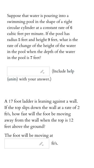 Solved Suppose that water is pouring into a swimming pool in | Chegg.com