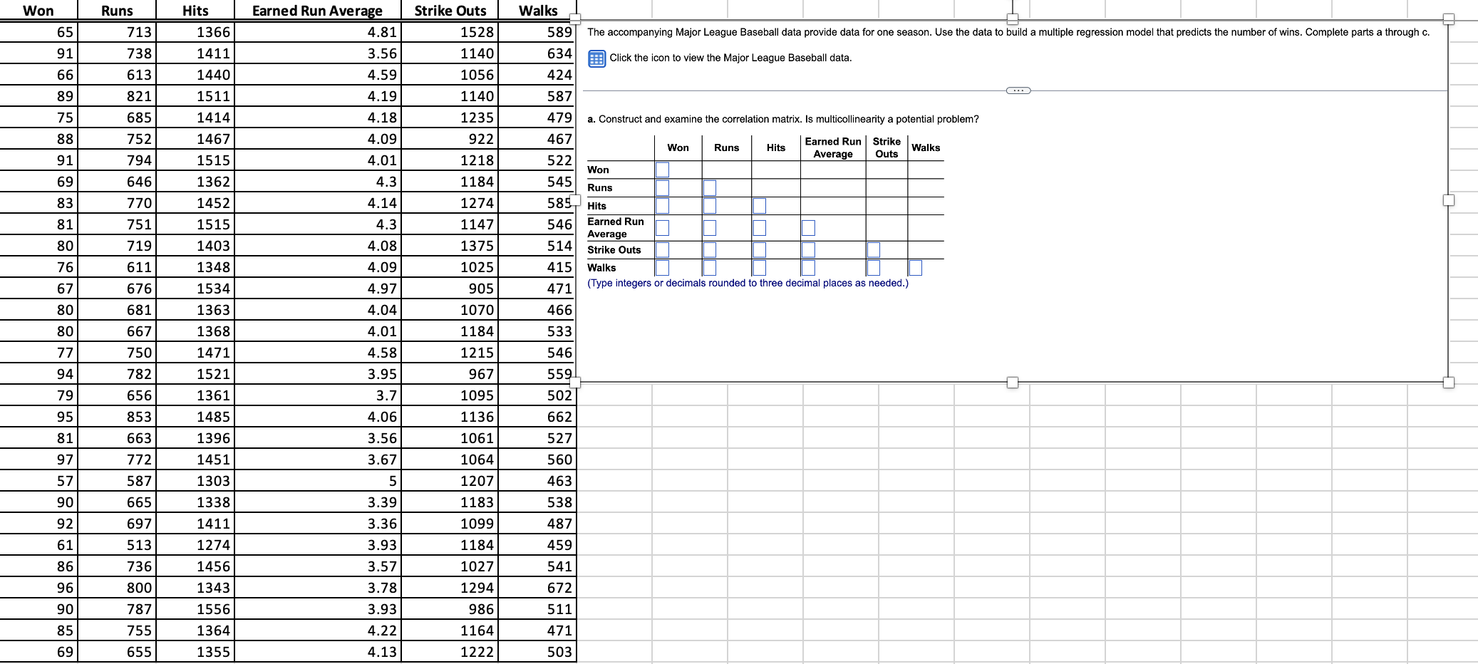 Solved The accompanying Major League Baseball data provide | Chegg.com
