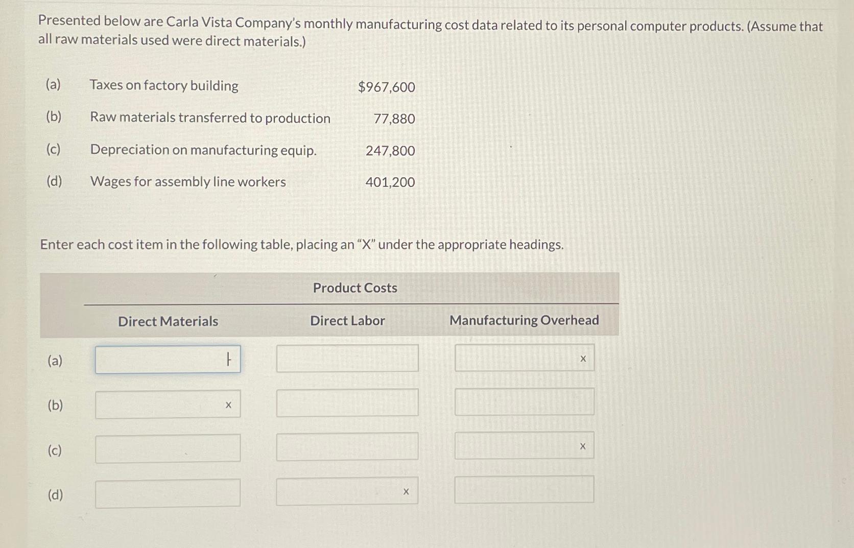 Solved Presented below are Carla Vista Company's monthly | Chegg.com