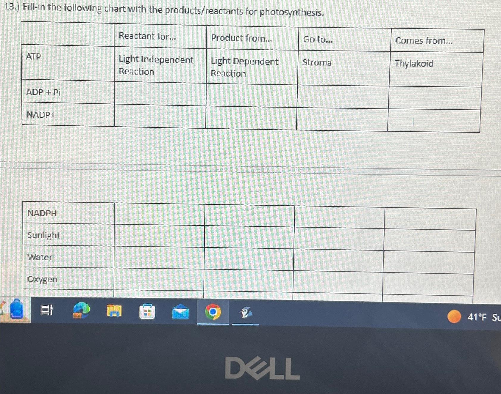 Solved 13.) ﻿Fill-in the following chart with the | Chegg.com