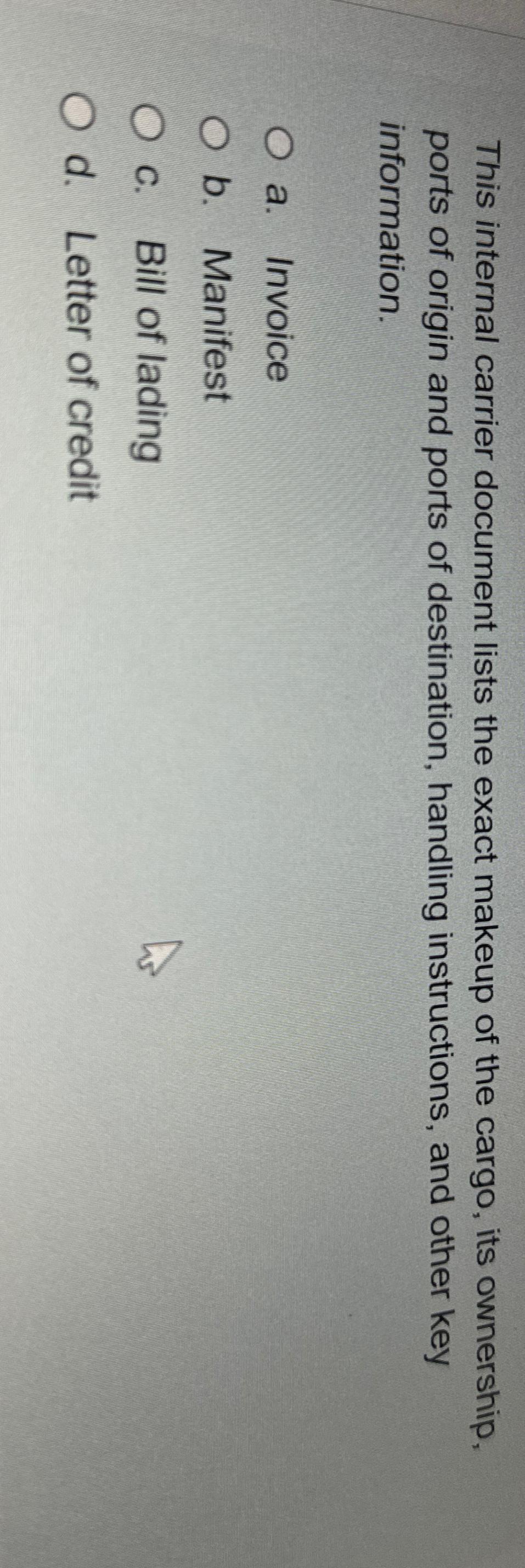Solved This internal carrier document lists the exact makeup | Chegg.com