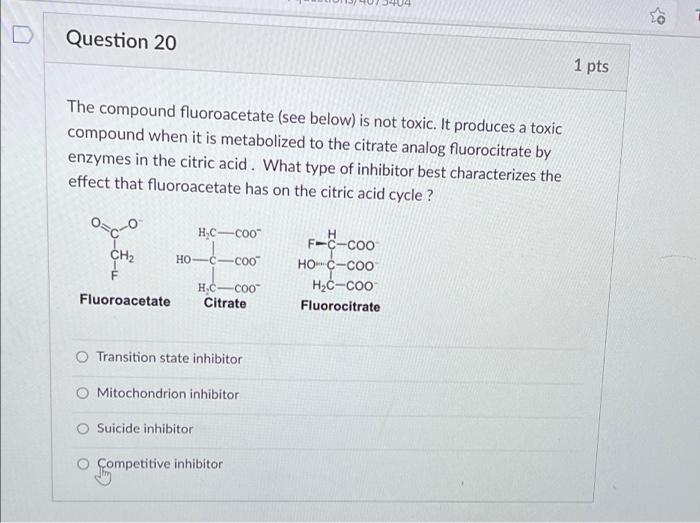 Solved Question 20 1 pts The compound fluoroacetate (see | Chegg.com