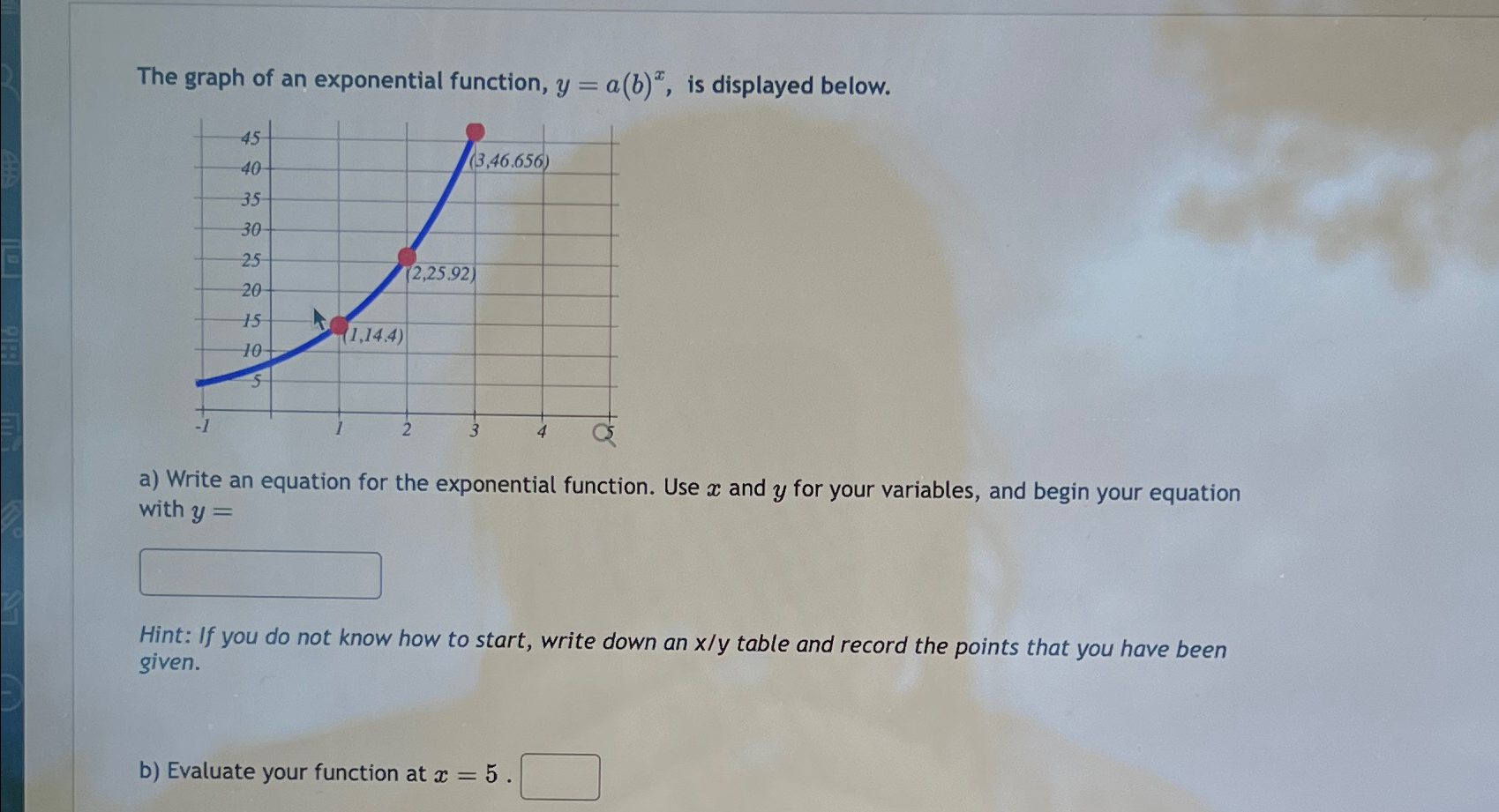 Solved The graph of an exponential function, y=a(b)x, ﻿is | Chegg.com