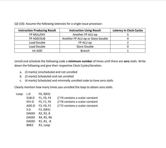 Latency in Clock Cycles 5 Q3 (10): Assume the | Chegg.com