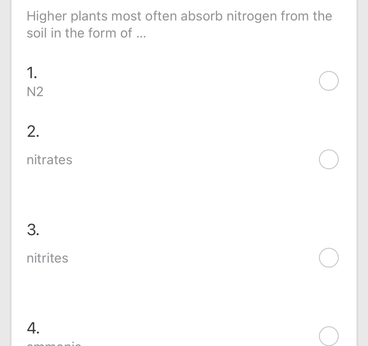 Solved Higher plants most often absorb nitrogen from the | Chegg.com