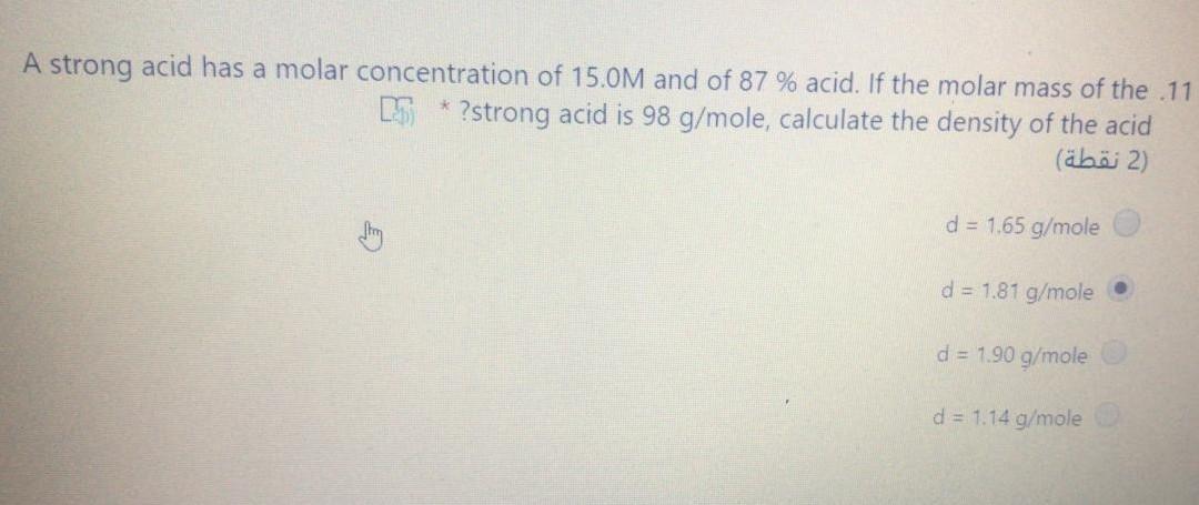 Solved A strong acid has a molar concentration of 15.0M and | Chegg.com