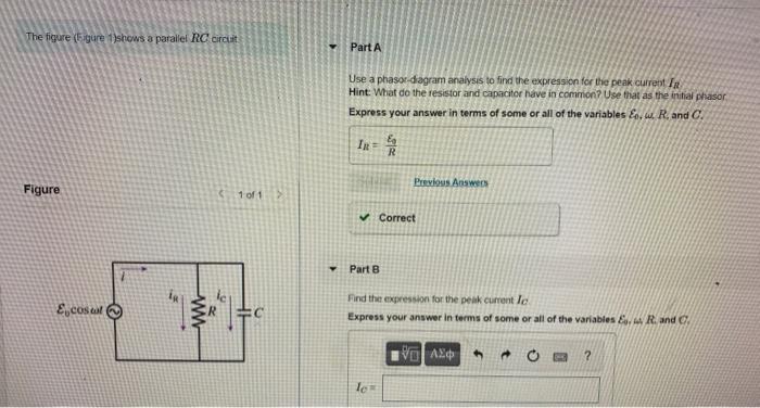 Solved The figure (igure 1)shows a parallel RC circuit Part | Chegg.com