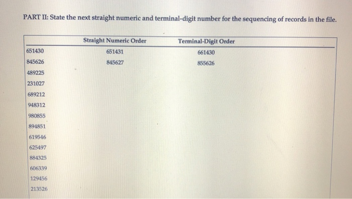 Solved PART II: State the next straight numeric and | Chegg.com