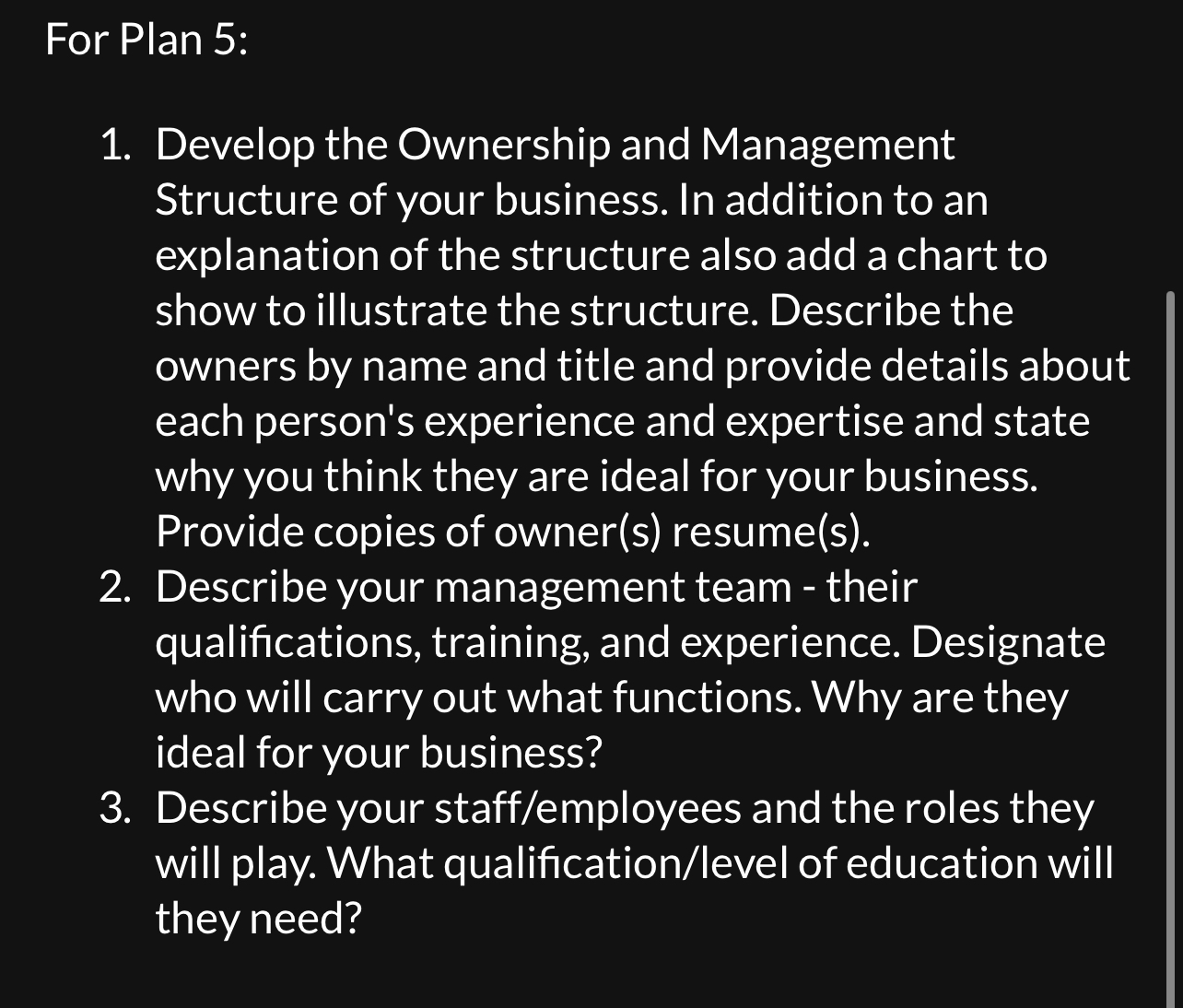 Solved For Plan 5:Develop the Ownership and Management | Chegg.com