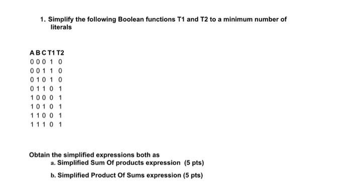 Solved 1 Simplify The Following Boolean Functions T1 And T2