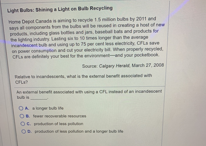 Solved Light Bulbs: Shining a Light on Bulb Recycling Home | Chegg.com