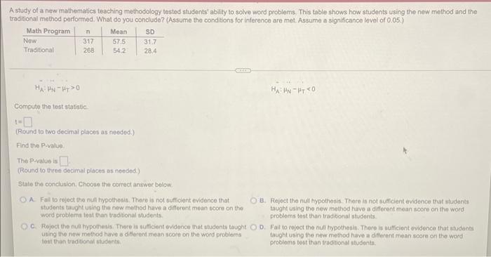 Solved A study of a new mathematics teaching methodology | Chegg.com