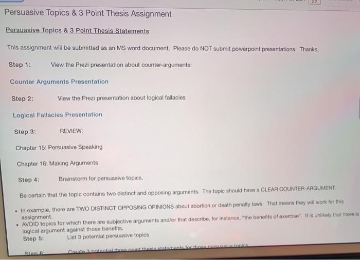 public speaking class create 3 point thesis statement | Chegg.com