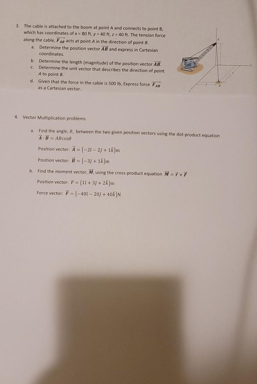 Solved 3. The cable is attached to the boom at point A and | Chegg.com