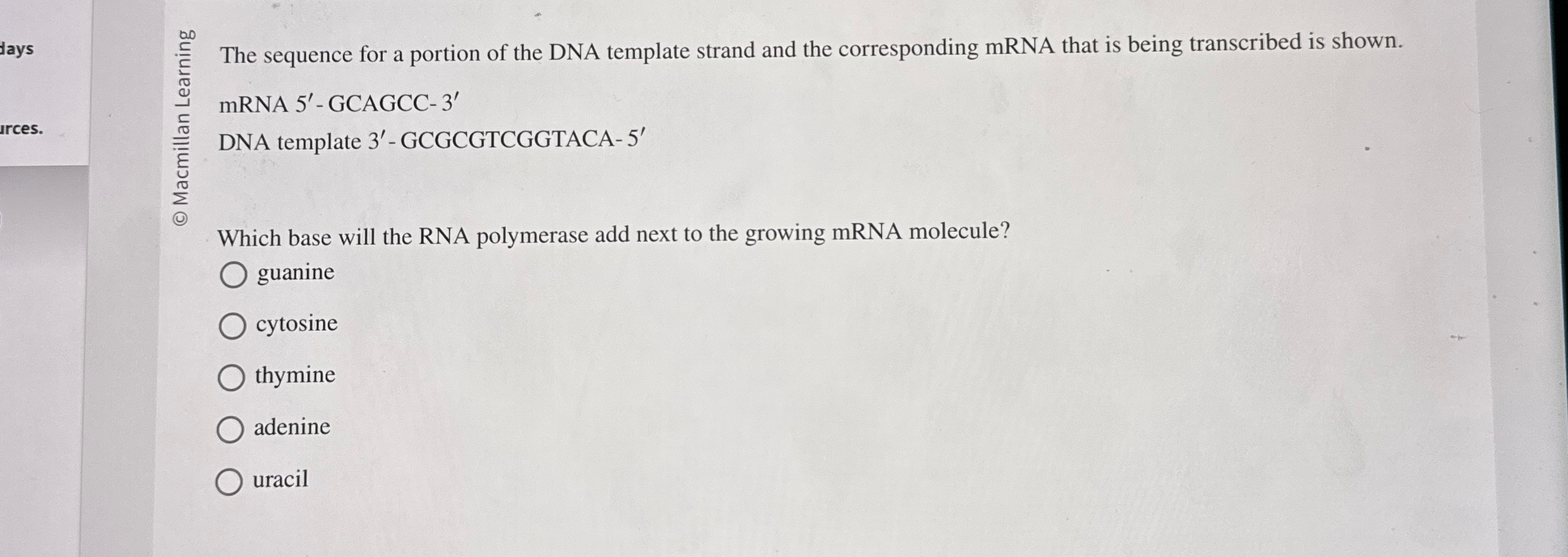 Solved daysurces.The sequence for a portion of the DNA | Chegg.com