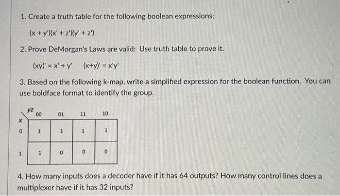 1. Create a truth table for the following boolean | Chegg.com