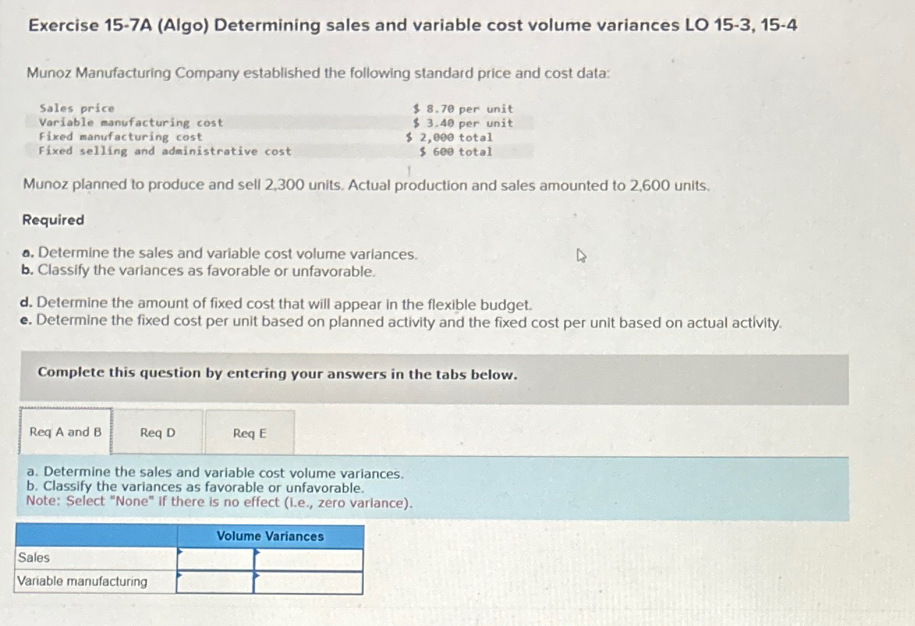 Solved Exercise 15-7A (Algo) ﻿Determining sales and variable | Chegg.com