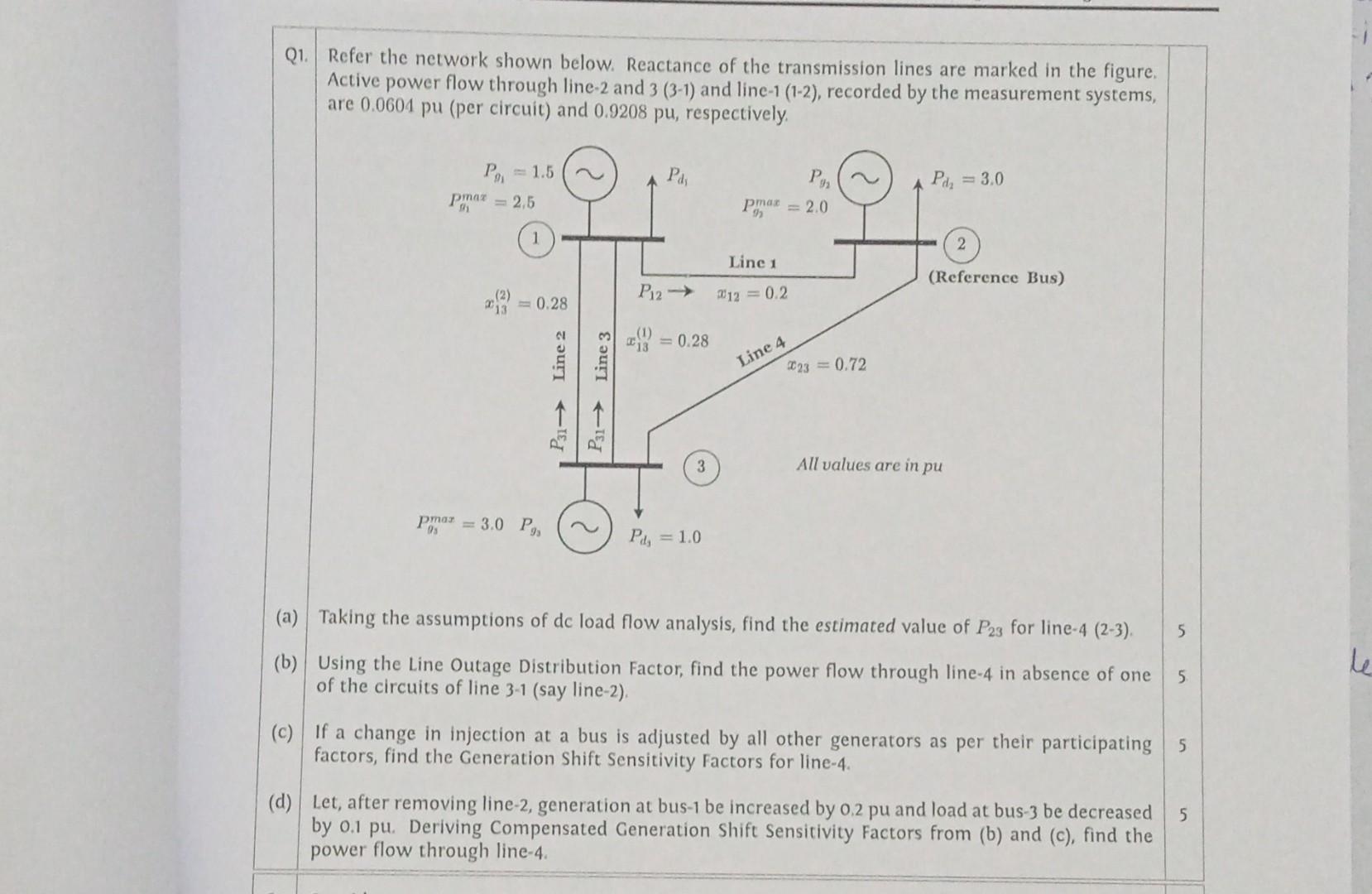 Solved Q1. Refer the network shown below. Reactance of the | Chegg.com