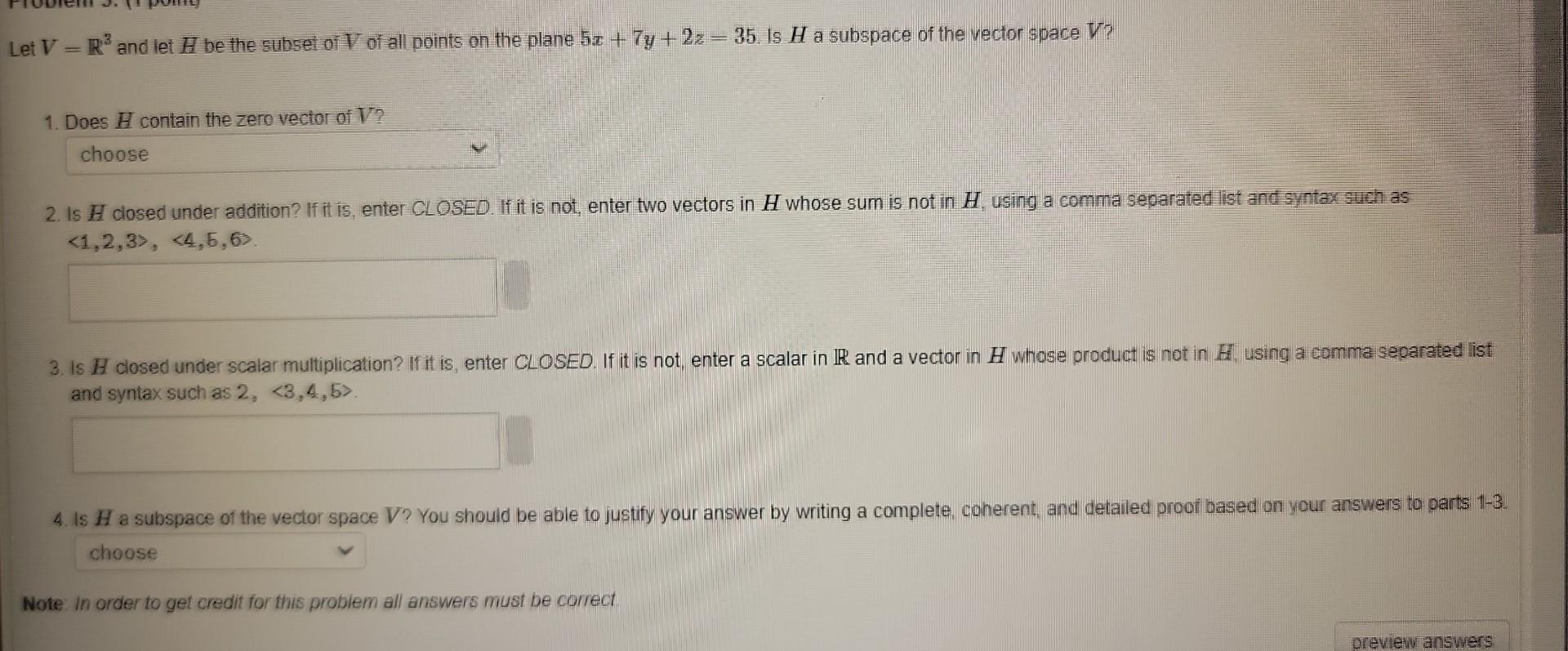Solved Let V=R3 and let H be the subset of V of all points | Chegg.com