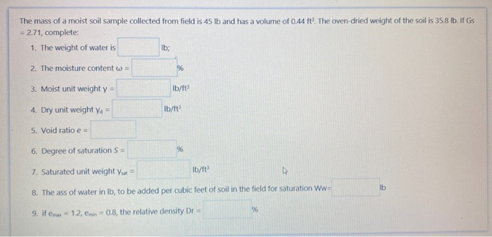 Solved The mass of a moist soil sample collected from field | Chegg.com