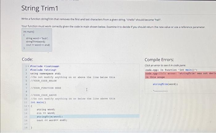 Solved String Trim1 Write a function stringTrim that removes | Chegg.com
