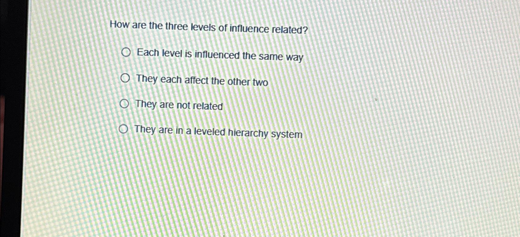 Solved How are the three levels of influence related?Each | Chegg.com