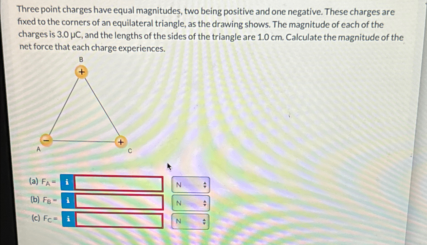 Three point charges have equal magnitudes, two being | Chegg.com