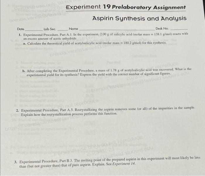 Solved 1. Experimental Procedure, Part A.1. In the | Chegg.com