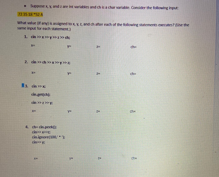 Solved Suppose x, y, and z are int variables and ch is a | Chegg.com