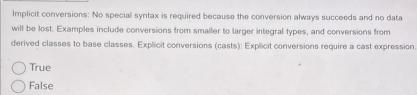 Solved Implicit conversions: No special syntax is required | Chegg.com