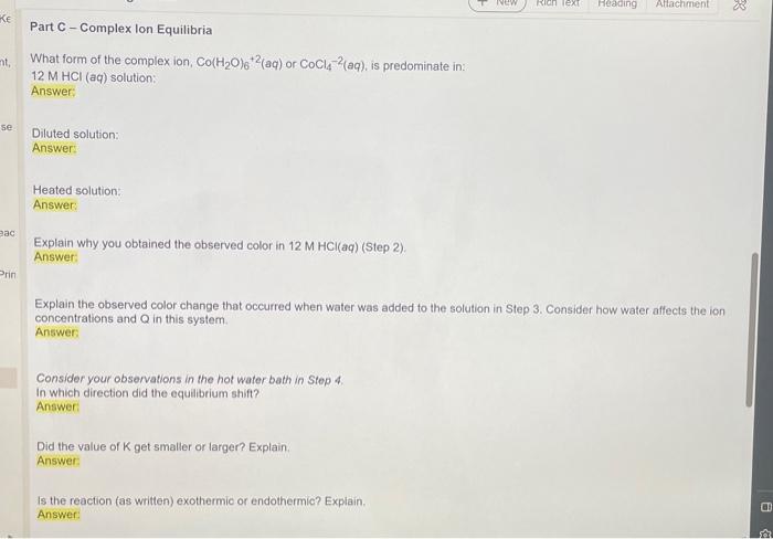 Solved Part C - Complex Ion Equilibria Equilibrium system | Chegg.com