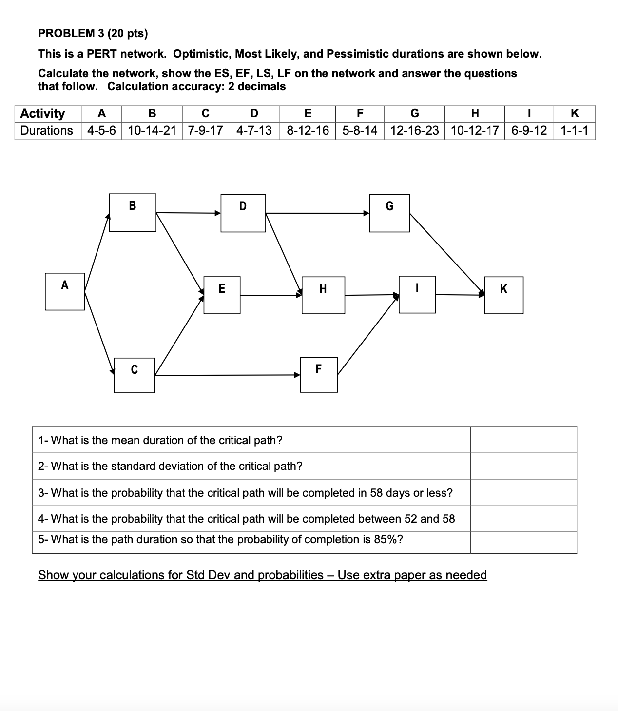 Solved PROBLEM 3 (20 pts)This is a PERT network. | Chegg.com Solved PROBLEM 3 (20 pts)This is a PERT network. | Chegg.com