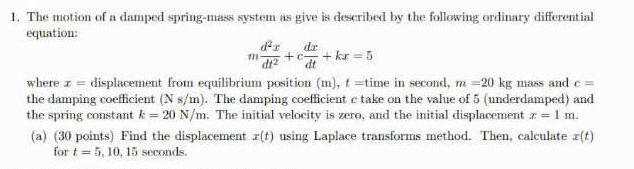 Solved The motion of a damped spring-mass system as give is | Chegg.com
