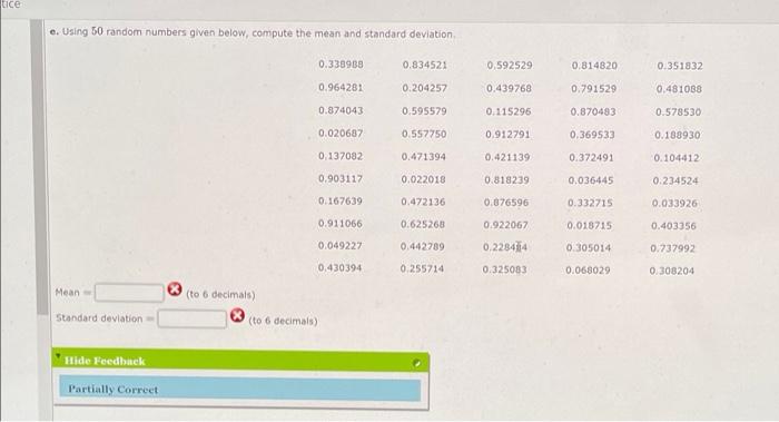 Solved tice e. Using 50 random numbers given below, compute | Chegg.com