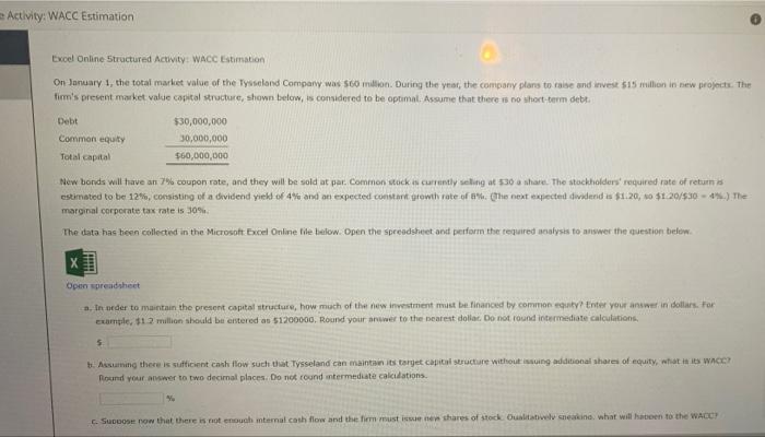Solved Activity: WACC Estimation Excel Online Structured | Chegg.com